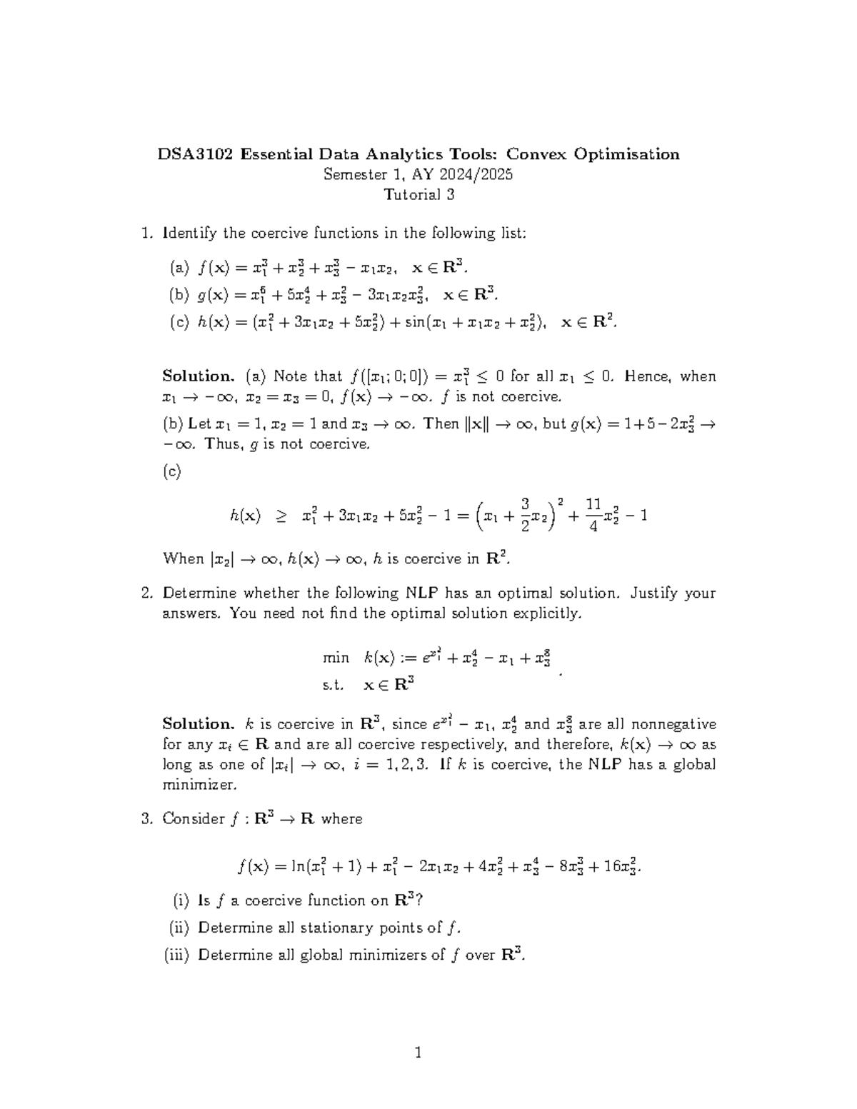 DSA3102 Tutorial 3 Solutions: Coercive Functions & NLP Analysis - Studocu