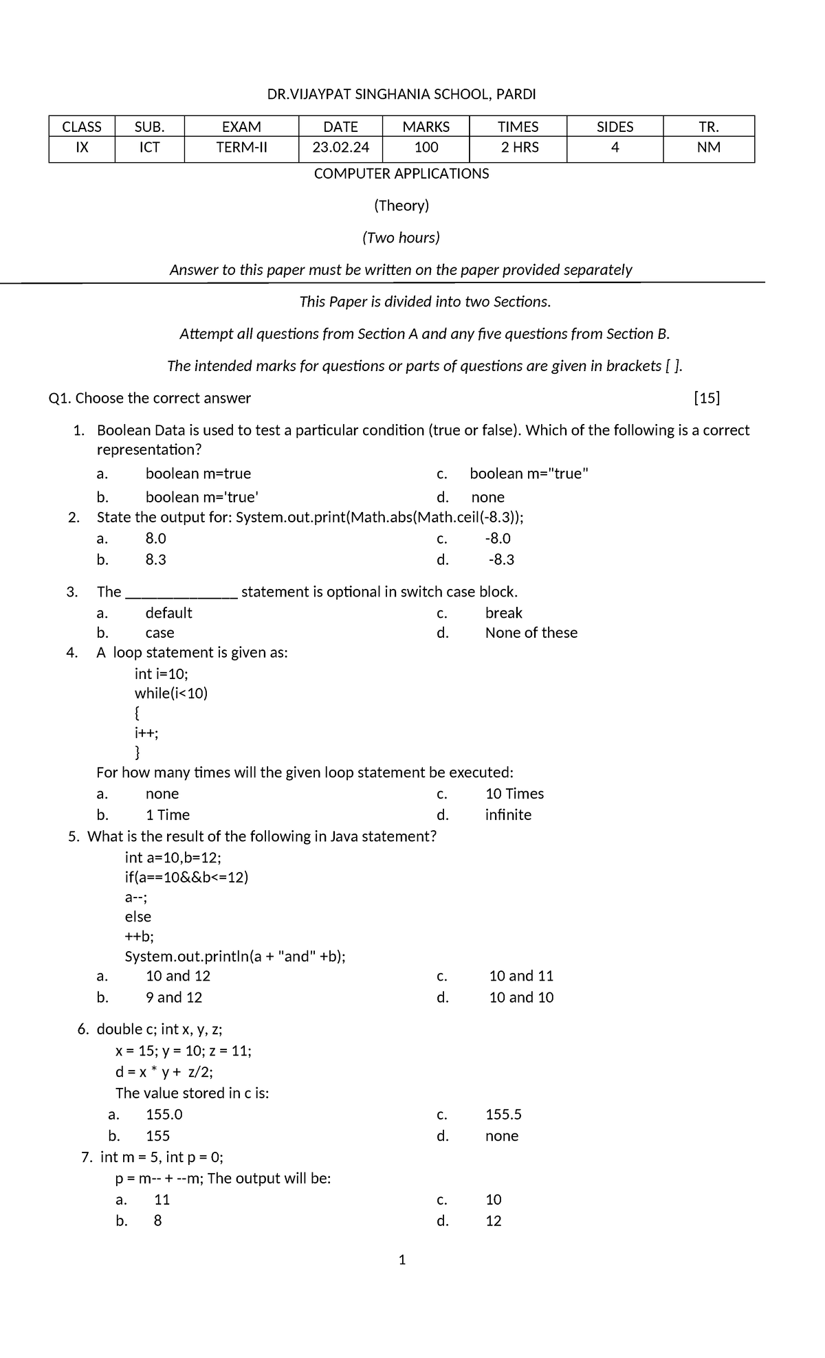 ICTTP 2STD IX - Practice Exam Paper for Computer Applications - Studocu