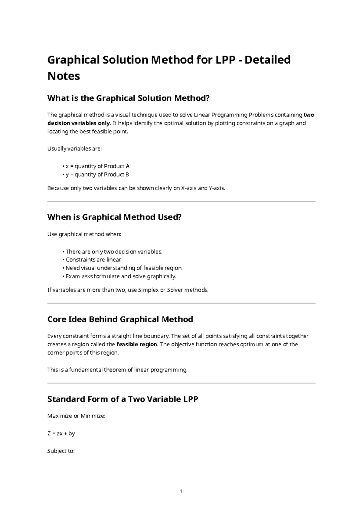 Graphical Solution Method for LPP: Detailed Study Notes - Studocu