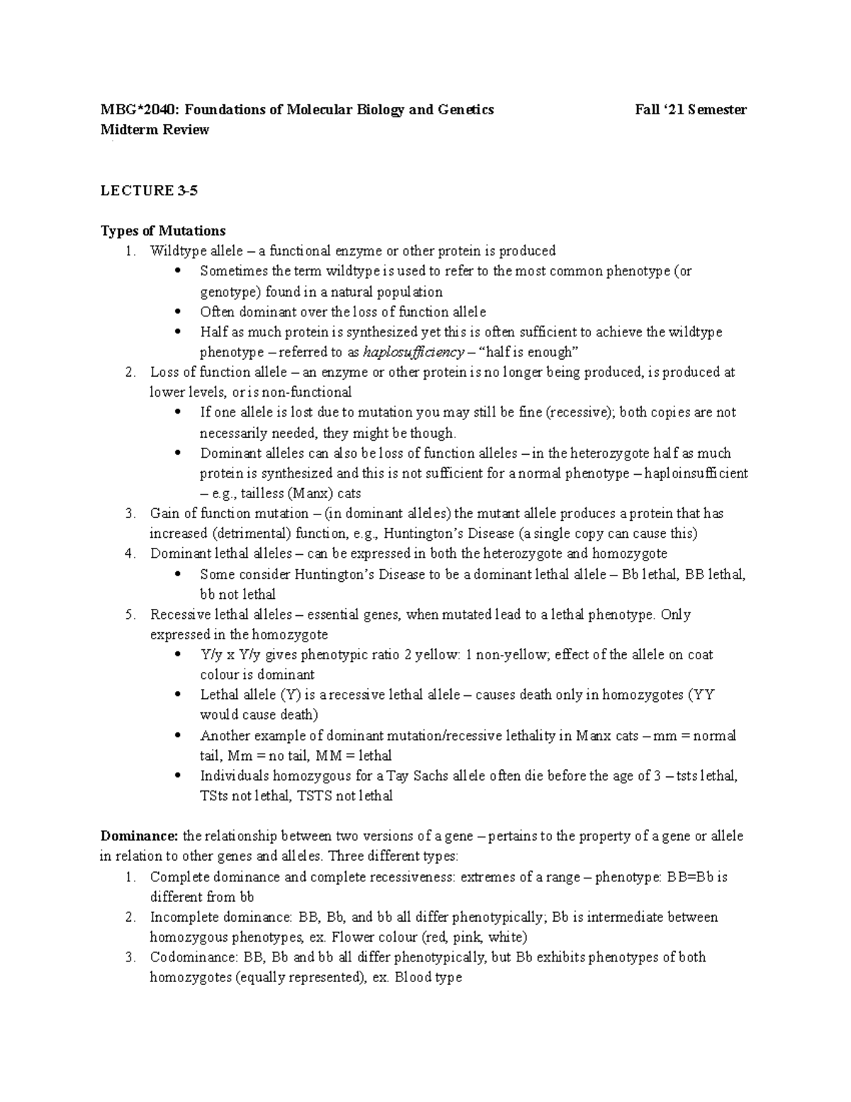 Midterm Review for MBG*2040: Molecular Biology & Genetics Fall '21 ...