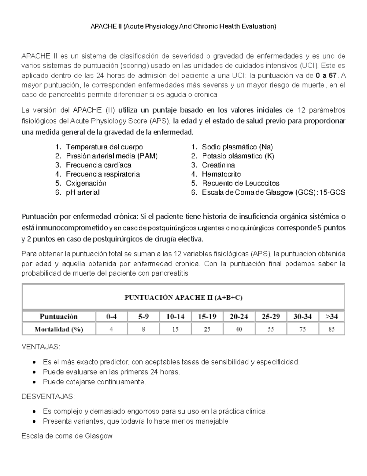 Escala APACHE II: Evaluación de Severidad en Pacientes Críticos - Studocu