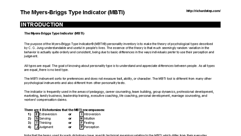 The Myers-Briggs Type Indicator (MBTI) Overview and Insights - Studocu