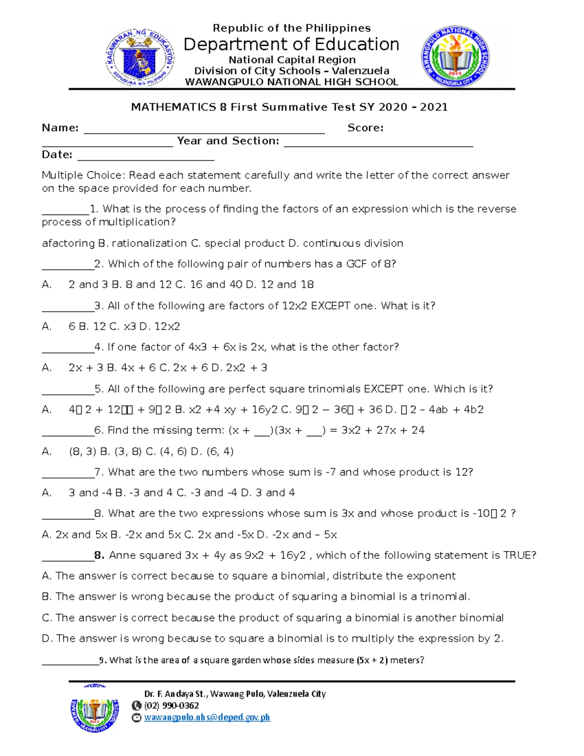Diagnostic Test in ESP Grade 9 - Republic of the Philippines Department ...
