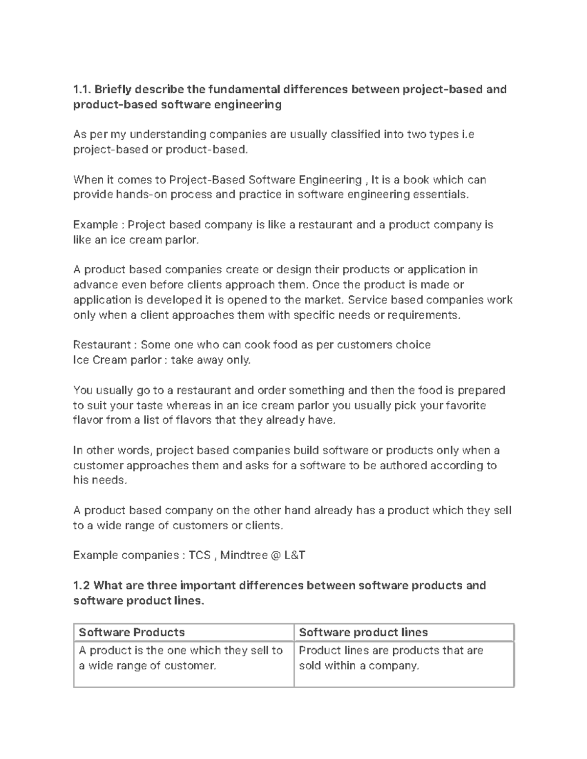 HW1 - Project vs Product-Based Software Engineering Overview - Studocu