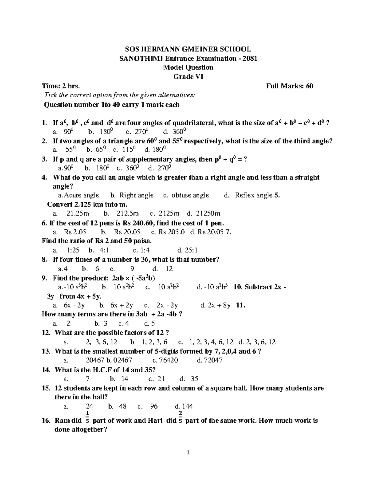 SOS HERMANN GMEINER SCHOOL SANOTHIMI Grade VI Entrance Exam Model ...