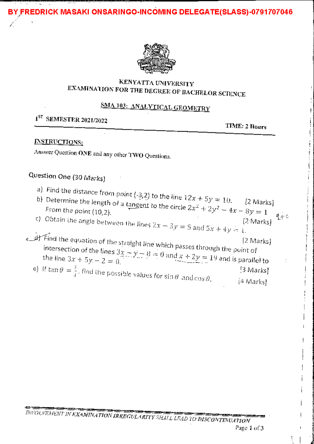 SMA 103: Analytical Geometry Past Exam Papers by Fredrick Masaki - Studocu