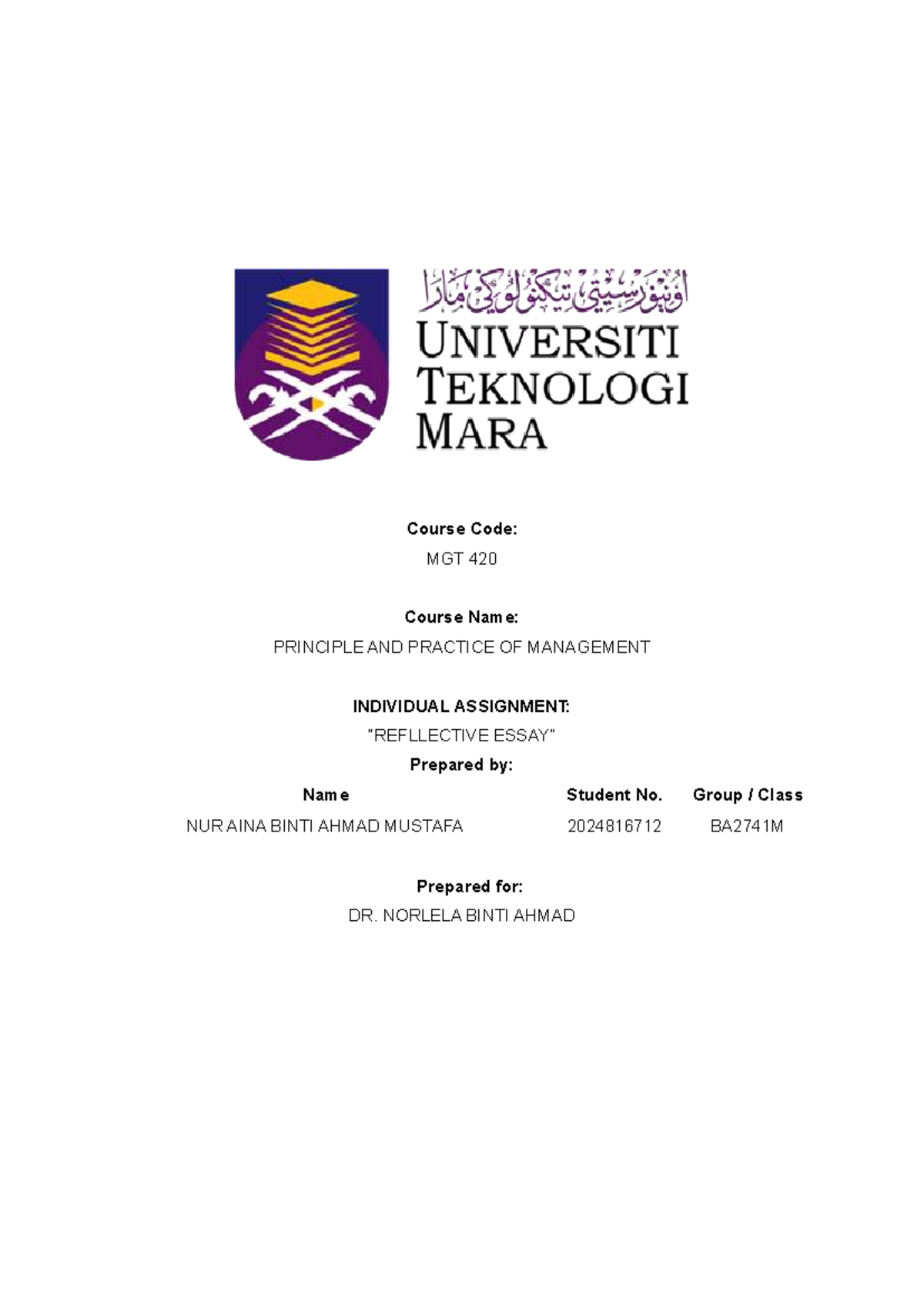MGT 420 Reflective Essay Assignment on Principles of Management - Studocu