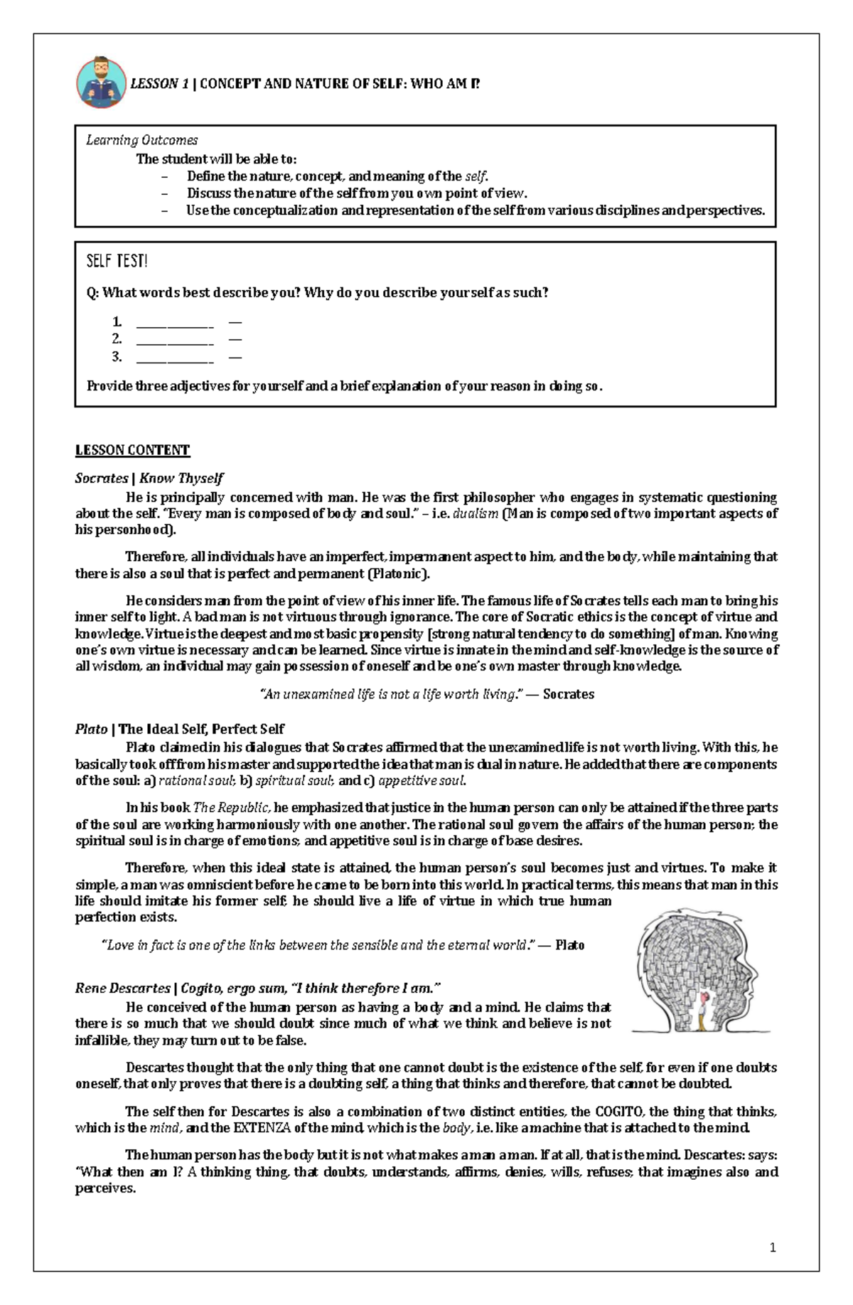 GE1 LESSON 1-9: Exploring the Concept and Nature of Self - Studocu