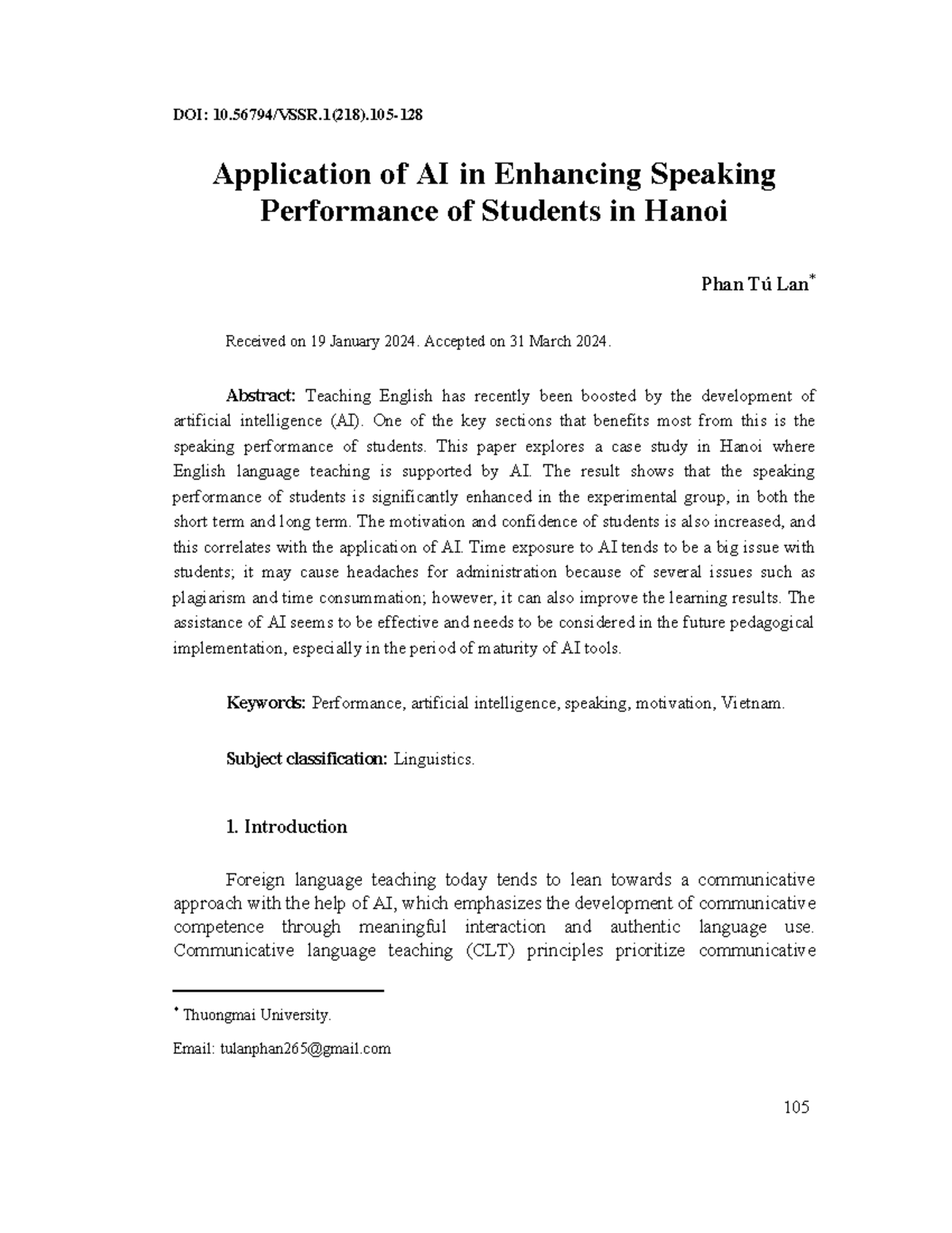 DOI: Enhancing Speaking Skills with AI: A Case Study in Hanoi - Studocu