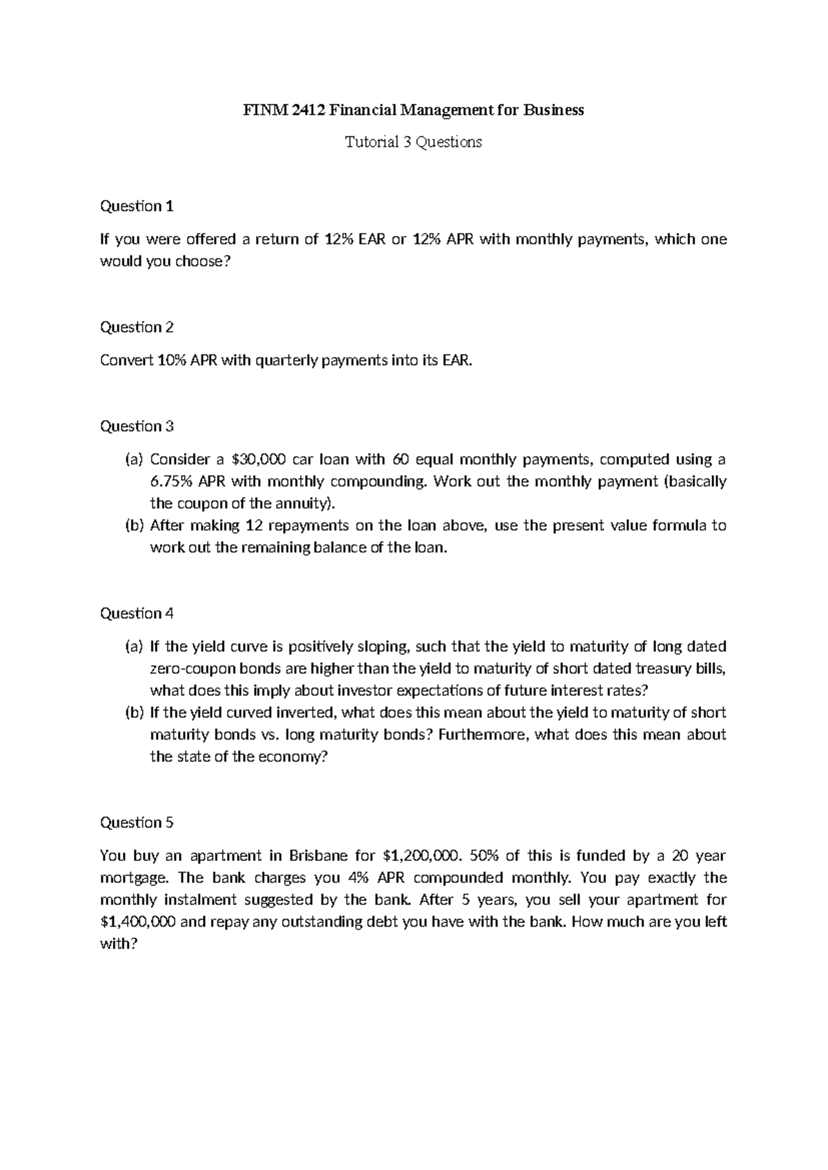 FINM 2412 Week 3 Financial Management Tutorial Questions - Studocu