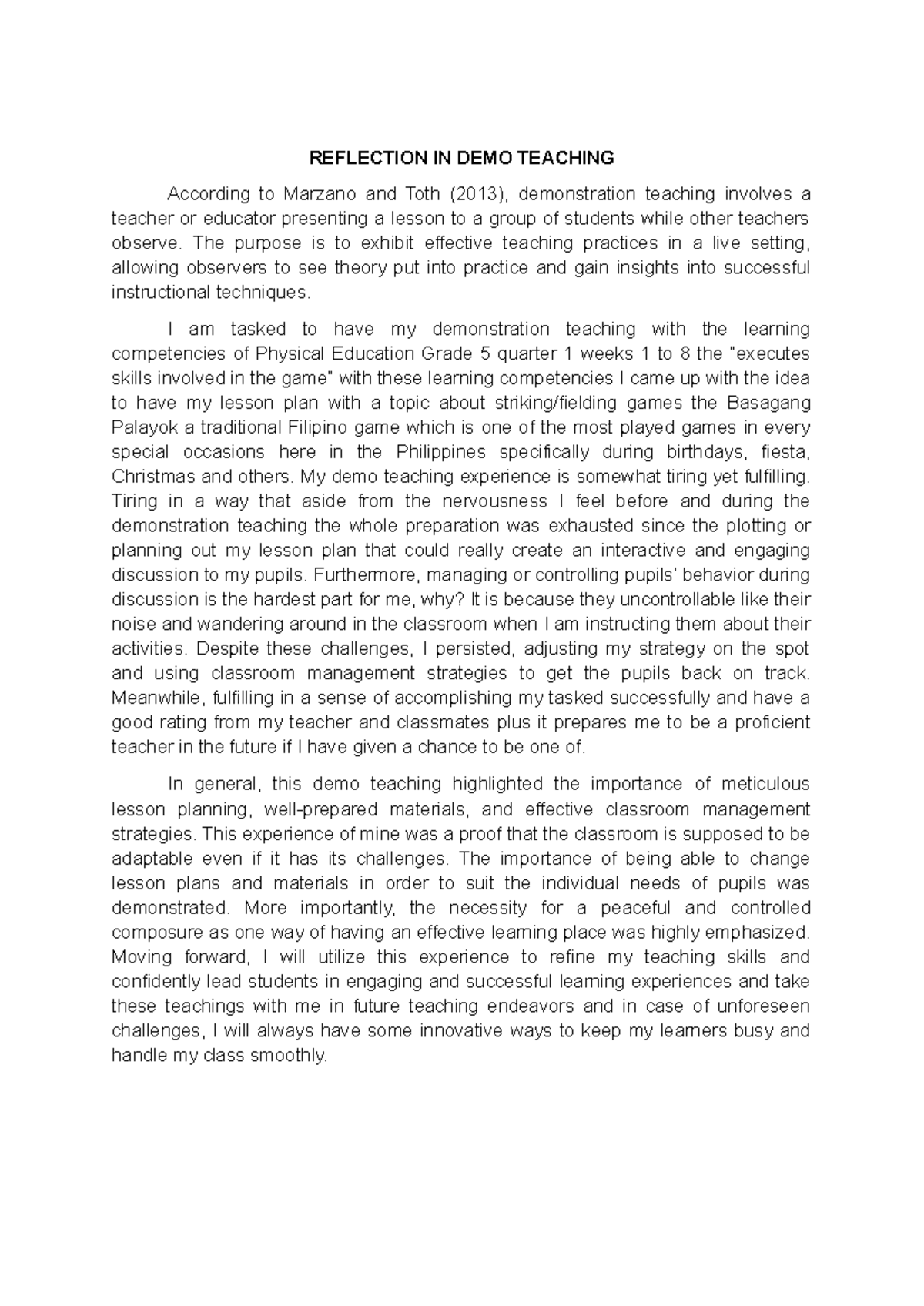 Ref - reflection - REFLECTION IN DEMO TEACHING According to Marzano and ...