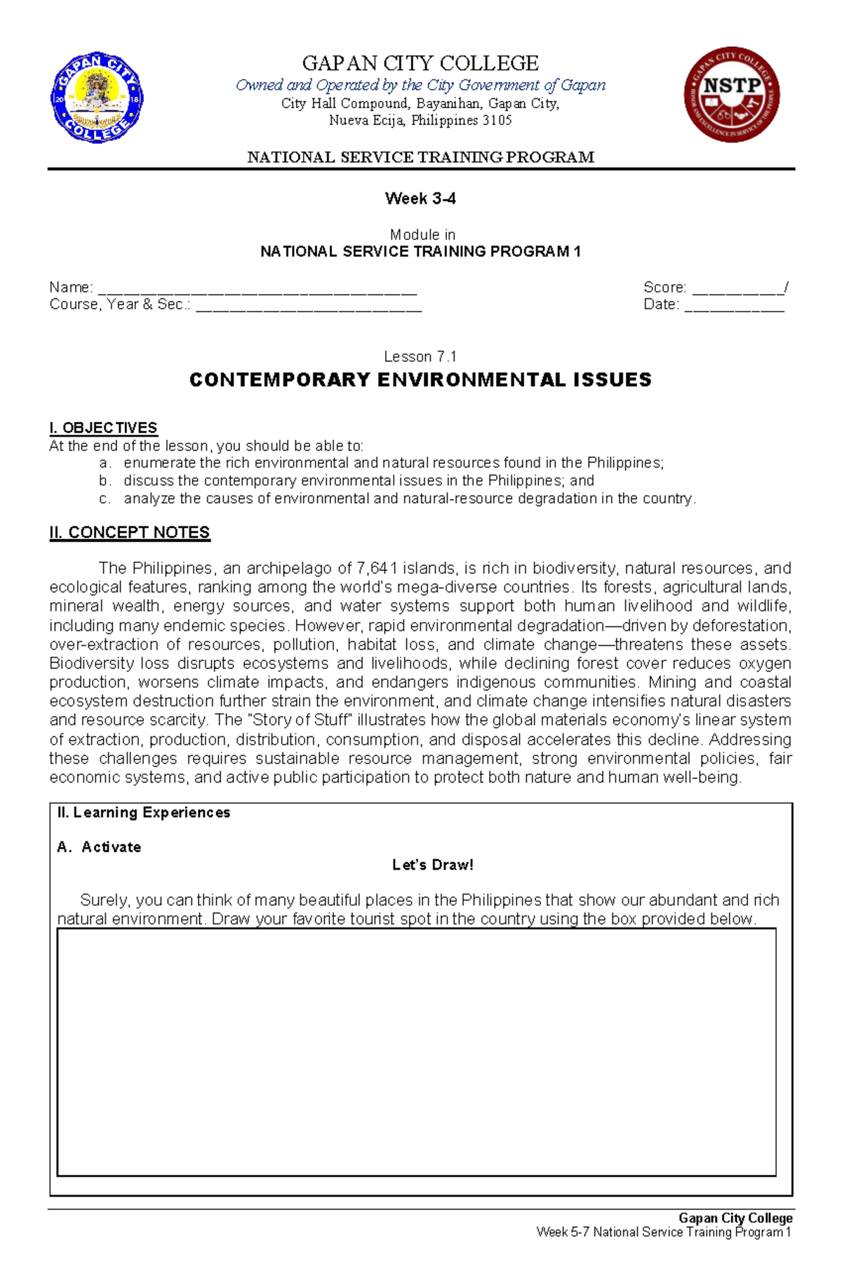 NSTP 1 Lesson 7: Contemporary Environmental Issues Module - Studocu