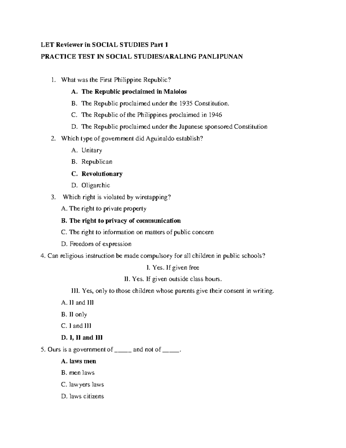 Ilide - Reviewer - LET Reviewer in SOCIAL STUDIES Part 1 PRACTICE TEST ...