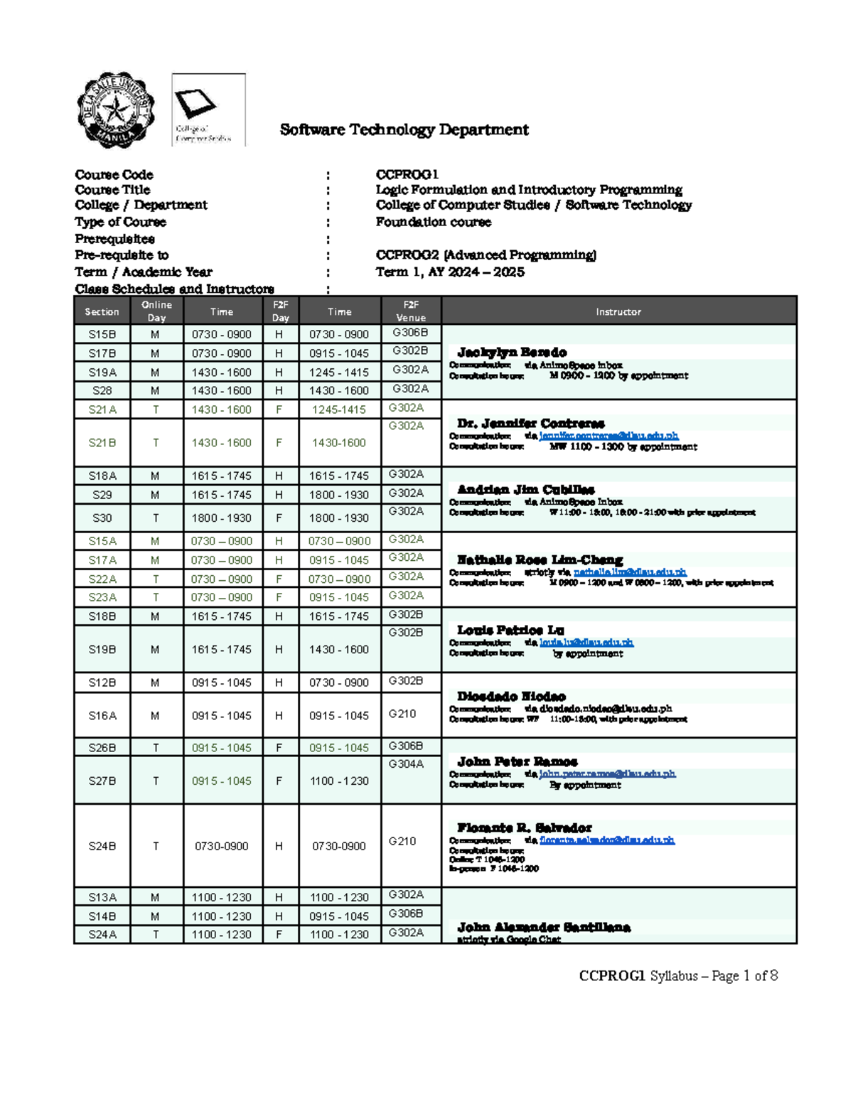 CCPROG1 Logic Formulation & Introductory Programming Syllabus Term 1 AY ...
