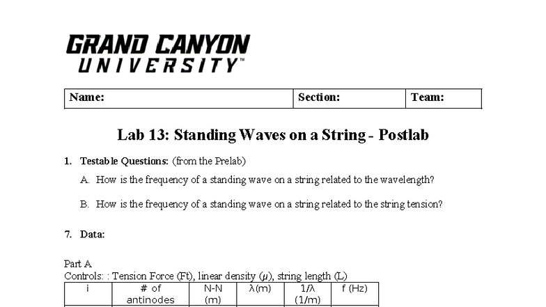 PHY 111 Lab 13: Standing Waves on a String Postlab Analysis - Studocu