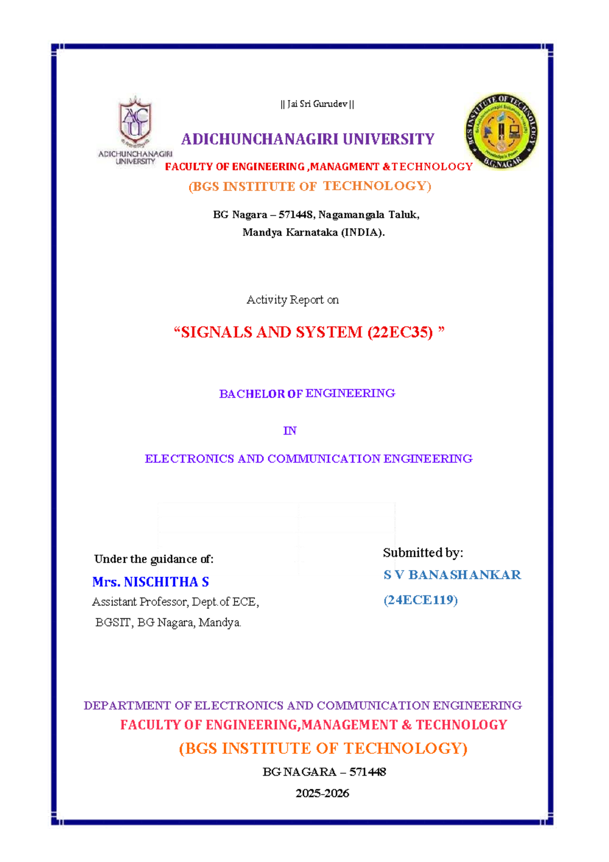 Activity Report on Signals and Systems (22EC35) - B.E. in ECE - Studocu
