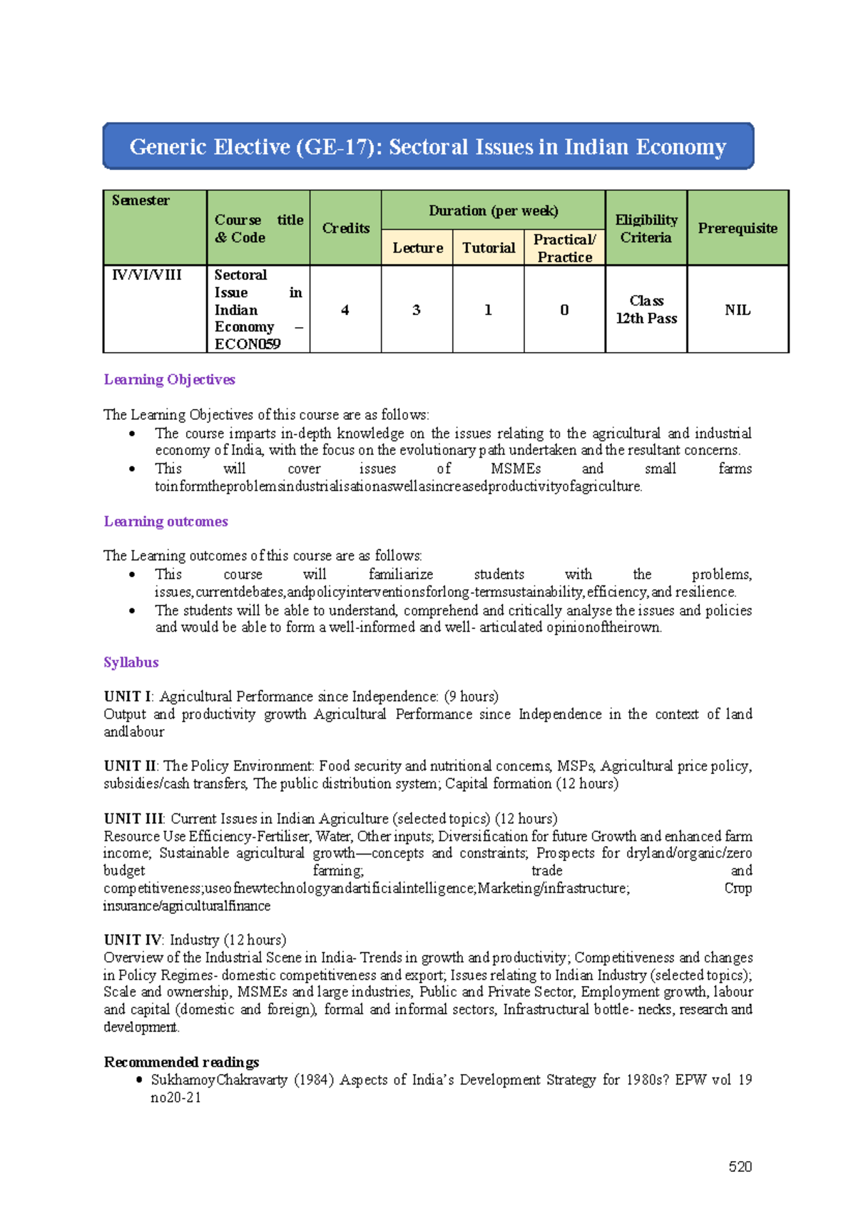 Sectoral Issues in Indian Economy - ECON059 Lecture Notes - Studocu