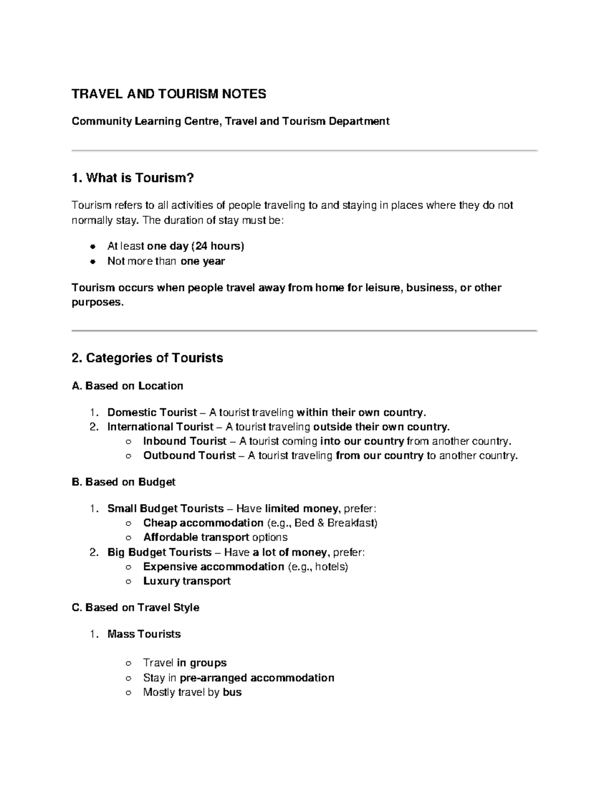 Travel & Tourism Study Notes: Key Concepts & Insights - Studocu