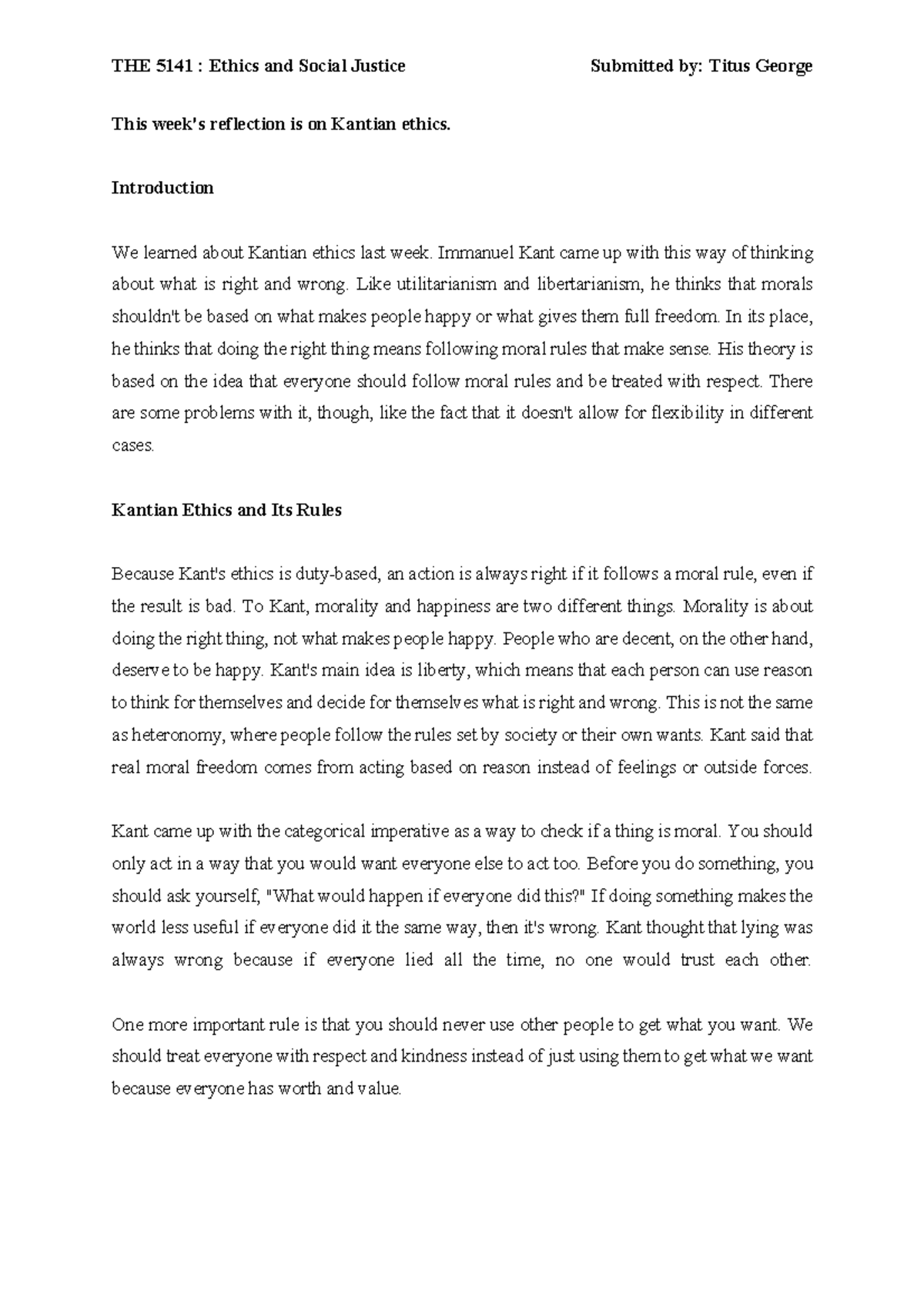 THE 5141: Weekly Reflection on Kantian Ethics and Morality - Studocu