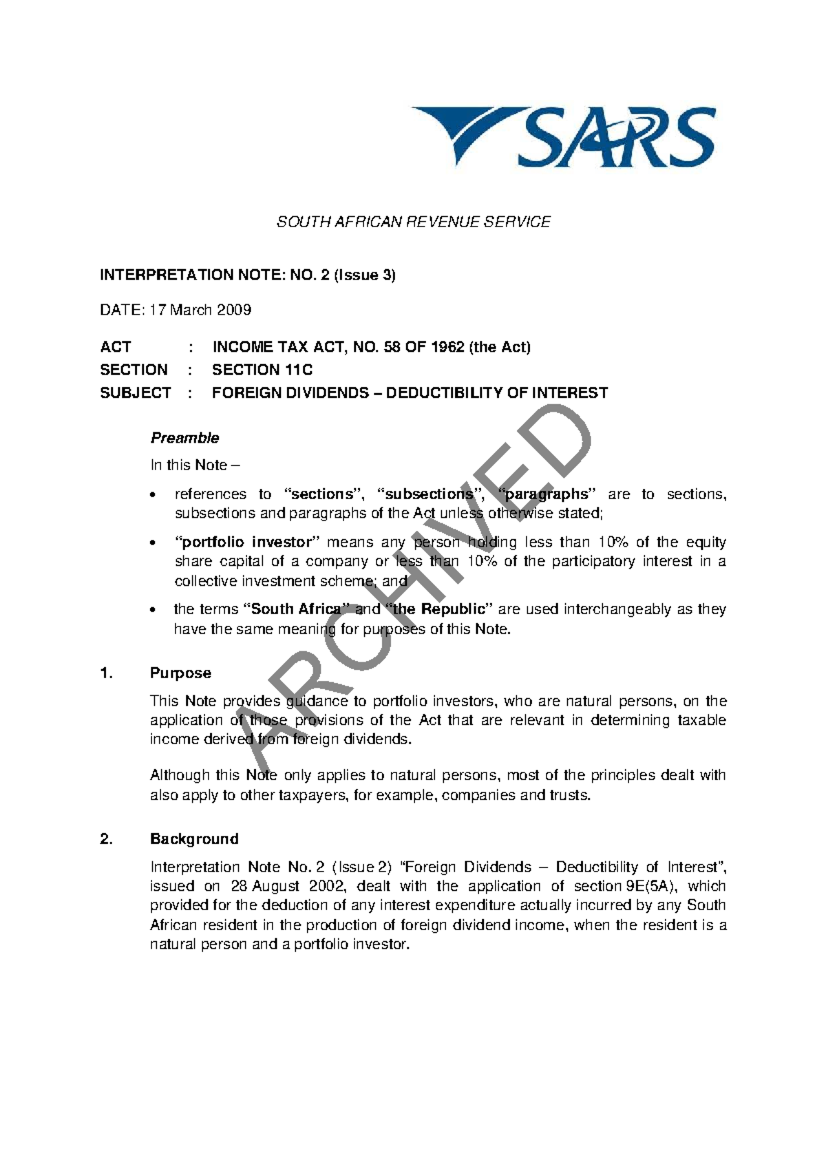 SARS Interpretation Note 2 (Issue 3): Foreign Dividends & Interest ...