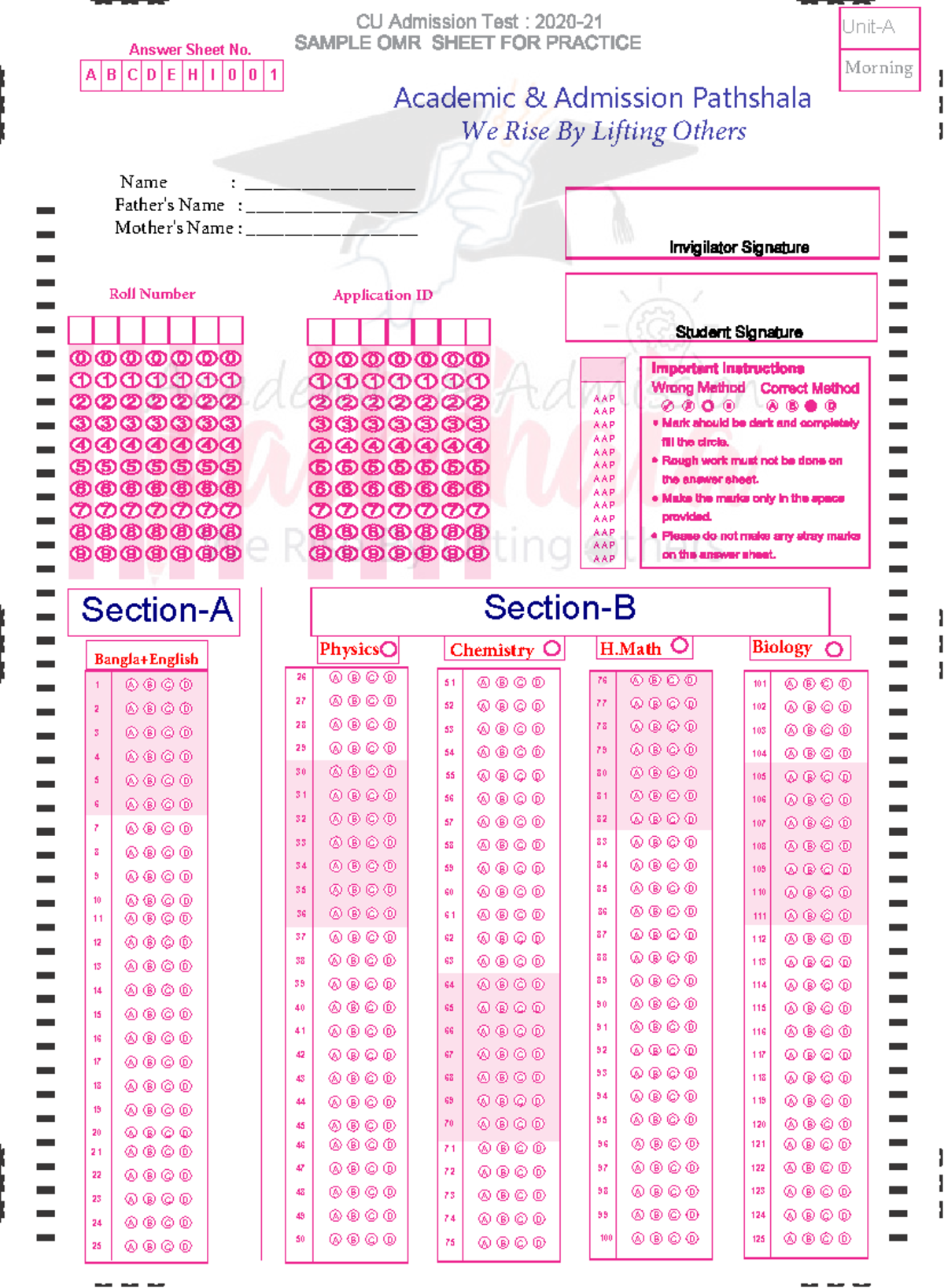 CU Admission Test 2020: OMR Sample Sheet by AAP for Practice - Studocu