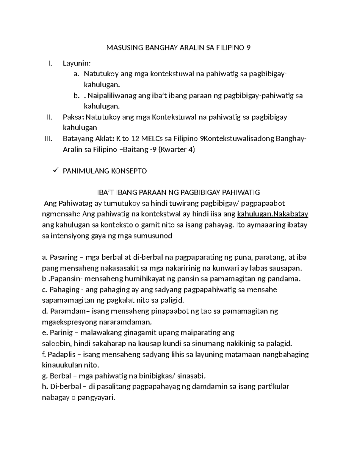 Kontekstuwalisadong Banghay Aralin sa Filipino 9: Pahiwatig at ...
