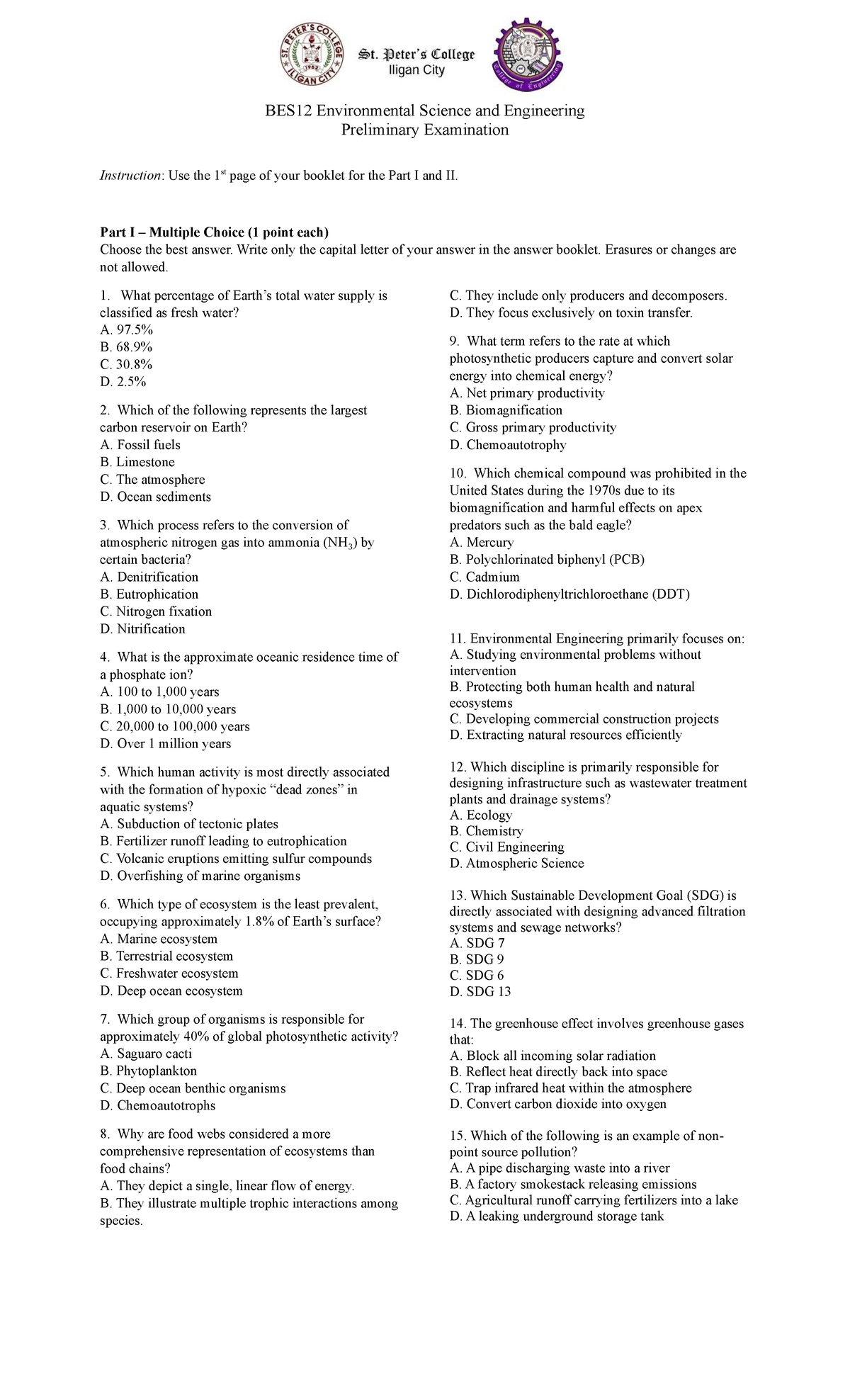 BES12 Environmental Science & Engineering Prelim Exam Questions - Studocu