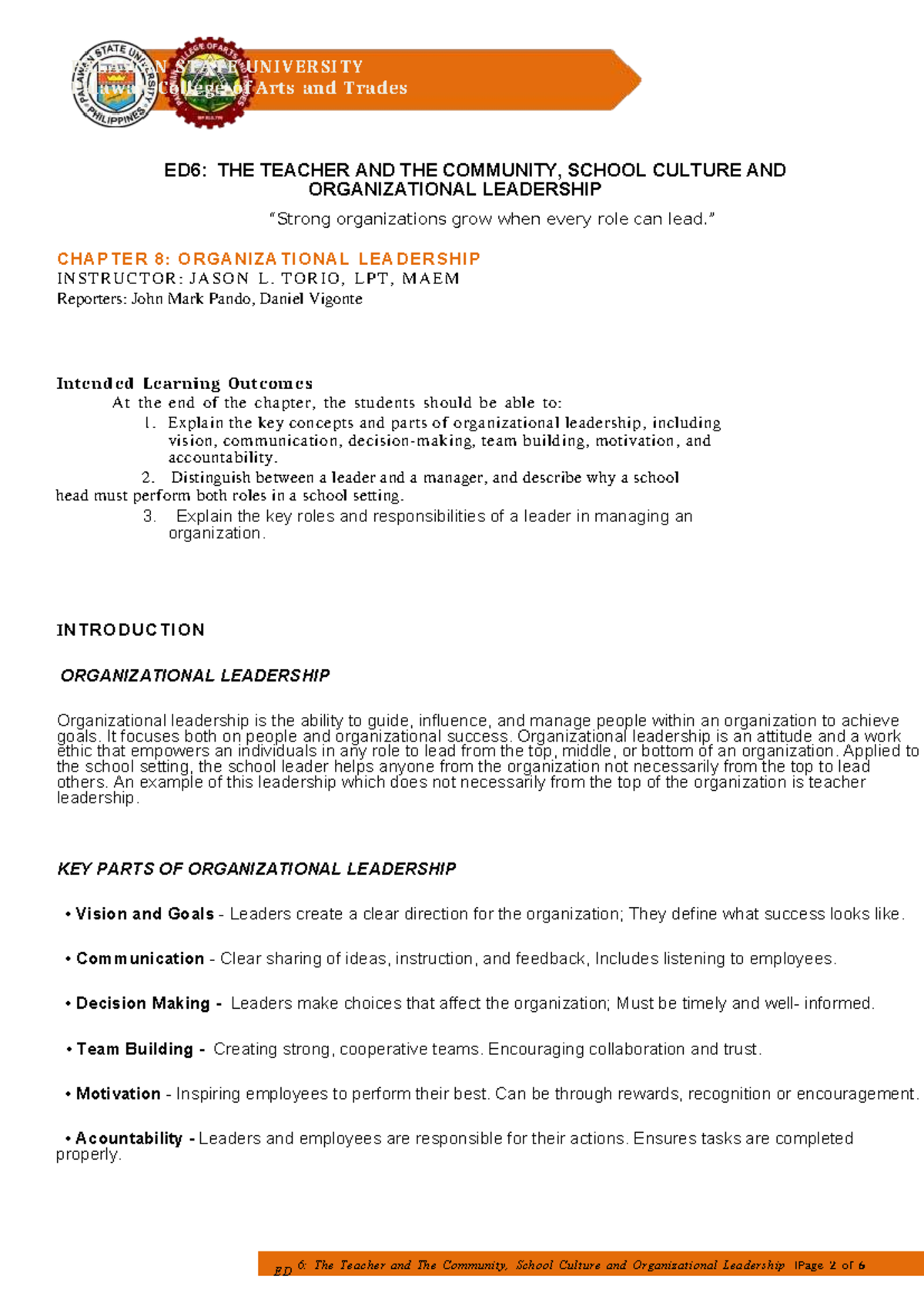 ED6: Organizational Leadership - Key Concepts and Skills - Studocu