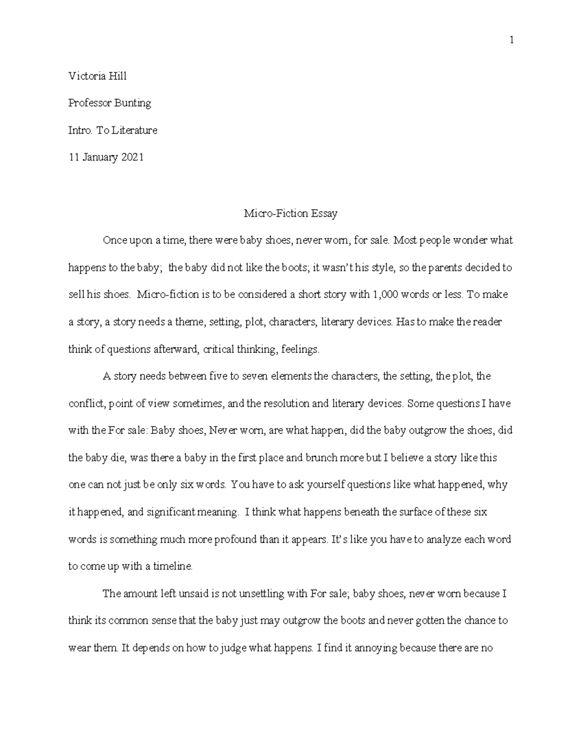 Micro-Fiction Essay - 1 Victoria Hill Professor Bunting Intro. To ...