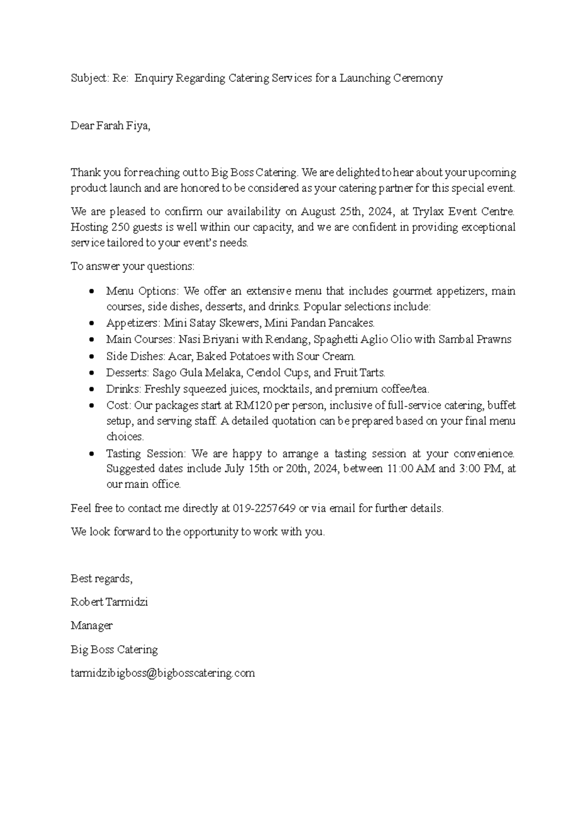 Lcc - okay - Subject: Re: Enquiry Regarding Catering Services for a ...