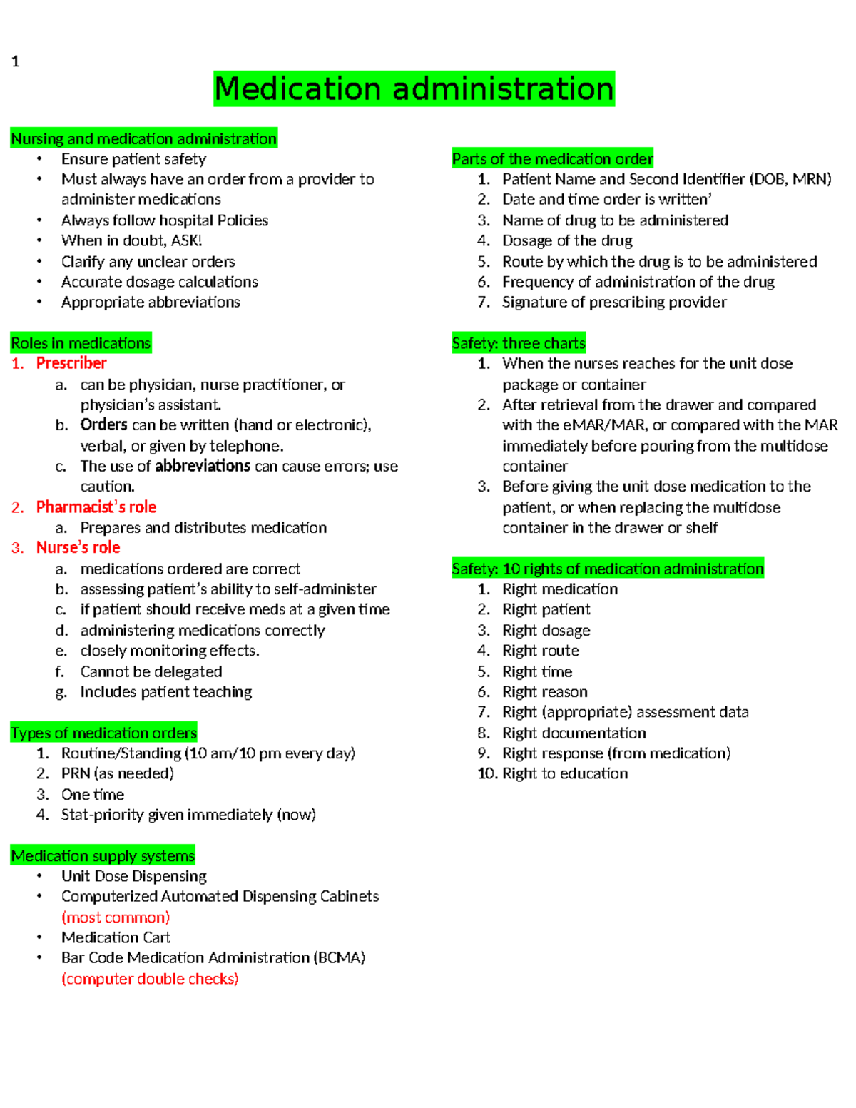 NUR 101: Medication Administration Notes for Patient Safety and ...