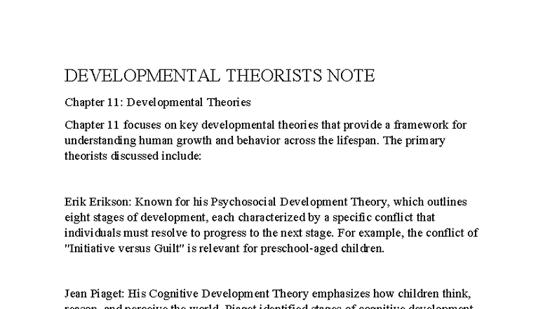 Developmental Theorists NOTE - DEVELOPMENTAL THEORISTS NOTE Chapter 11 ...