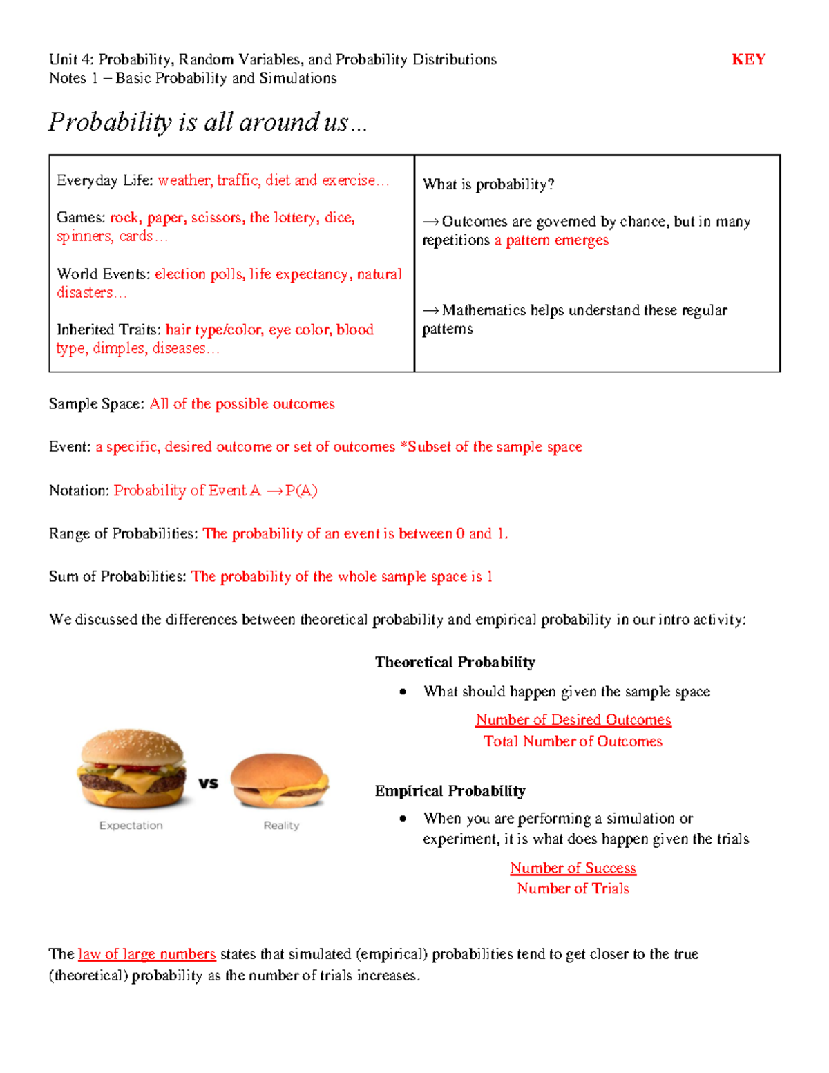 Unit 4 KEY: Probability, Random Variables & Distributions Notes - Studocu