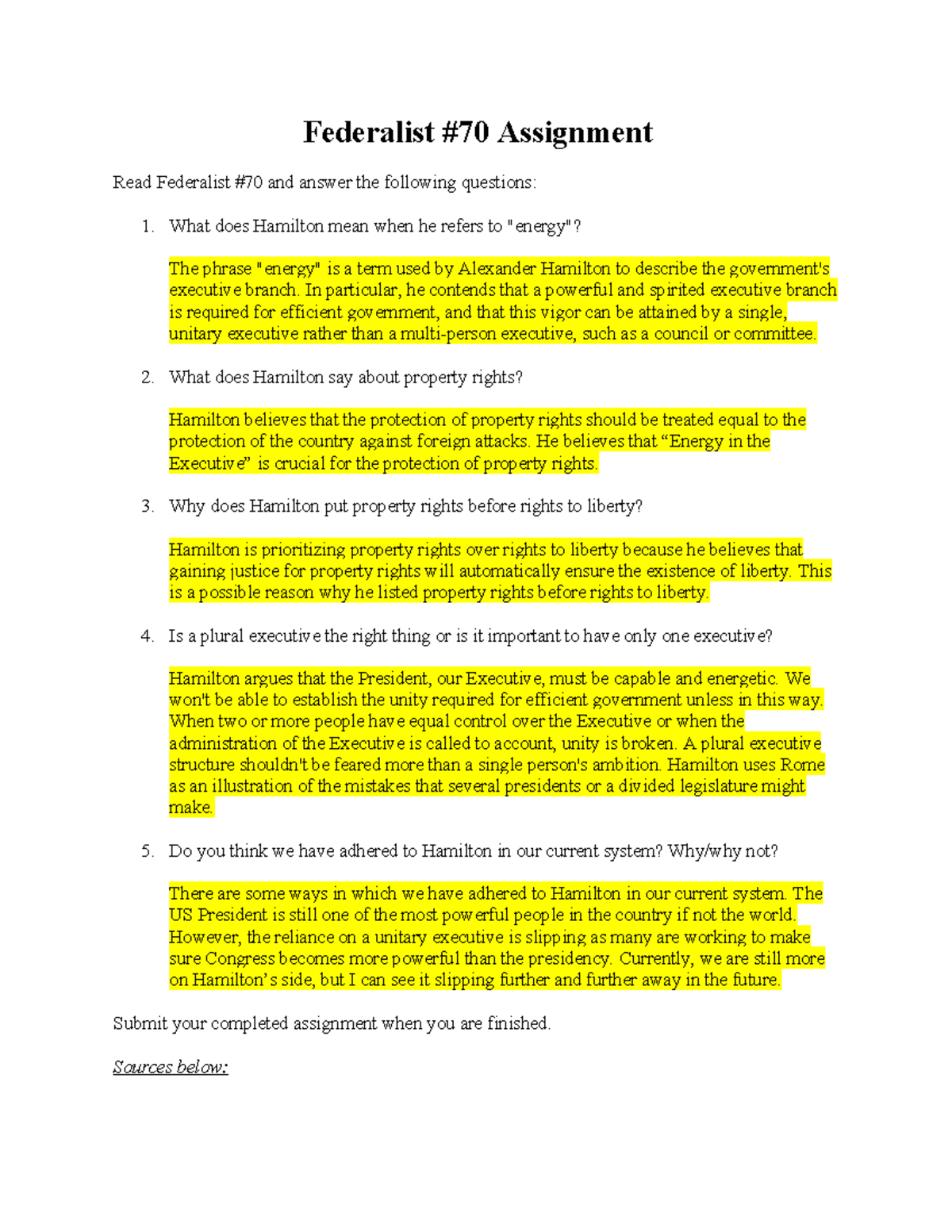 Federalist 70 Assignment: Analyzing Hamilton's Views on Executive Power ...