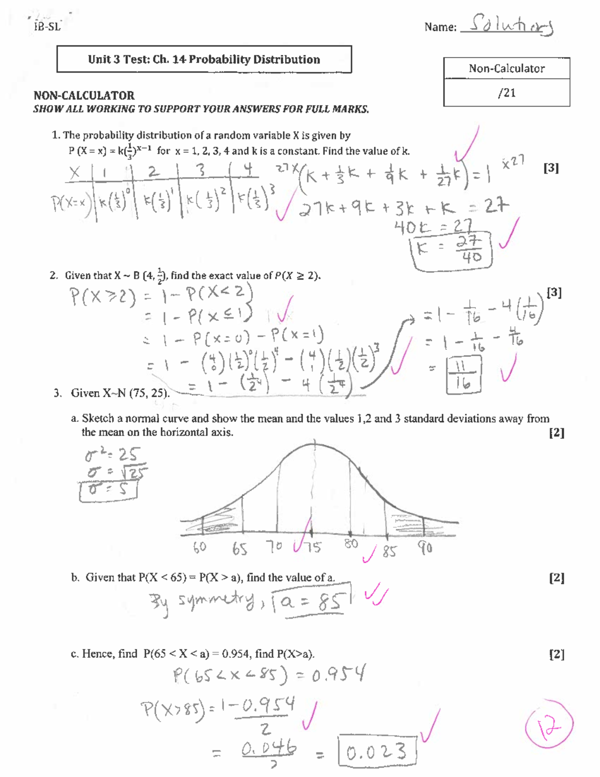 Unit 3 Test Solutions: Ch. 14 Probability Distribution S1 2021-22 - Studocu