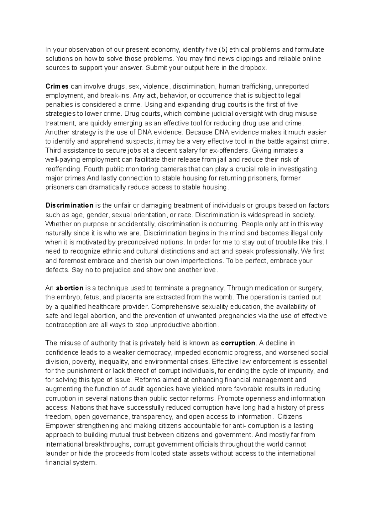 Ethics - In your observation of our present economy, identify five (5 ...