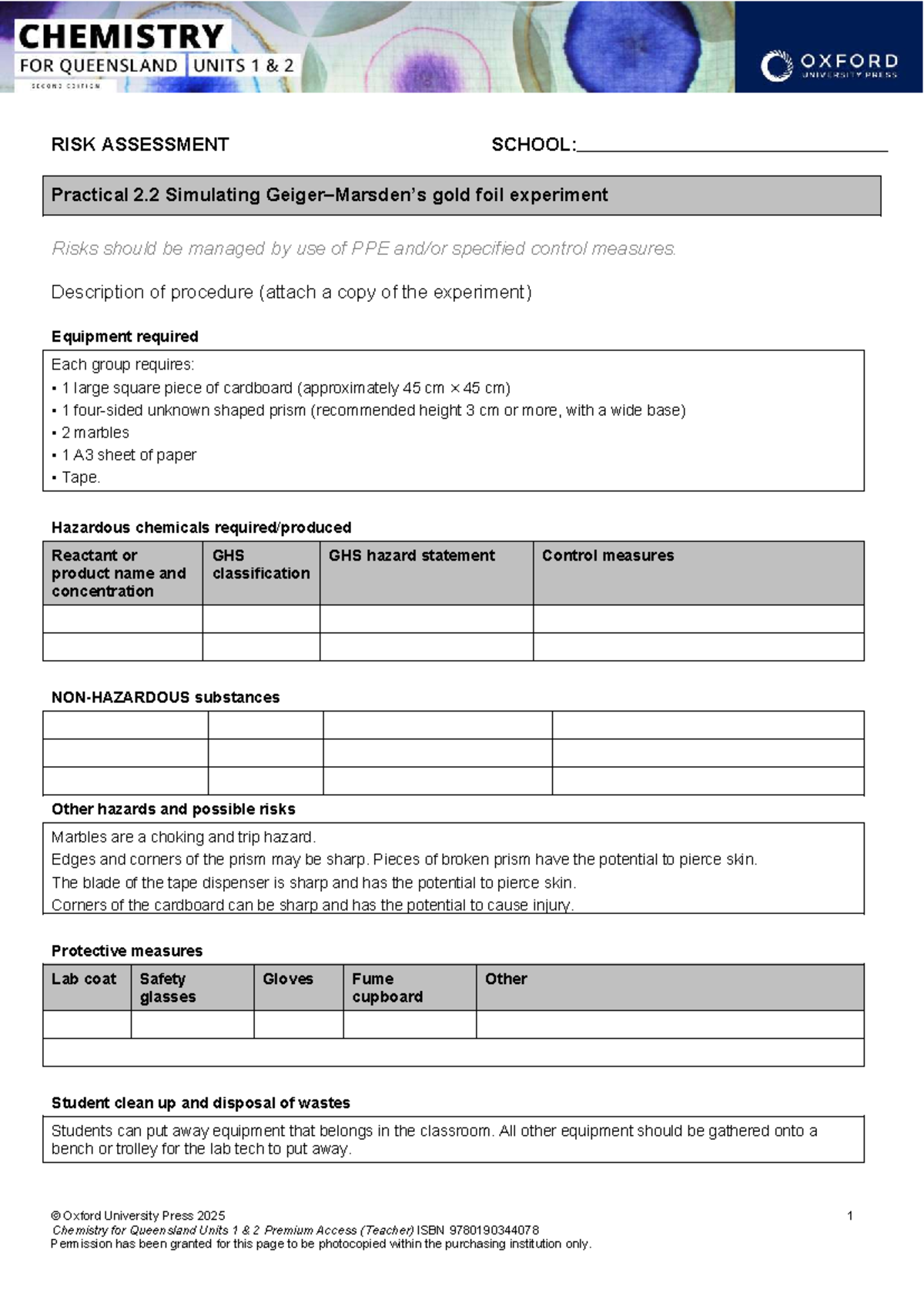 RISK ASSESSMENT: Practical 2.2 Gold Foil Experiment Safety Measures ...
