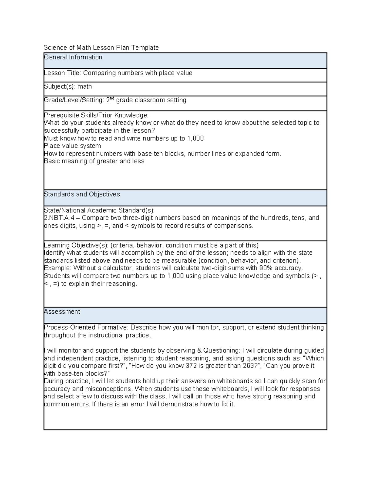 Math 2nd Grade Lesson Plan: Comparing Numbers with Place Value - Studocu