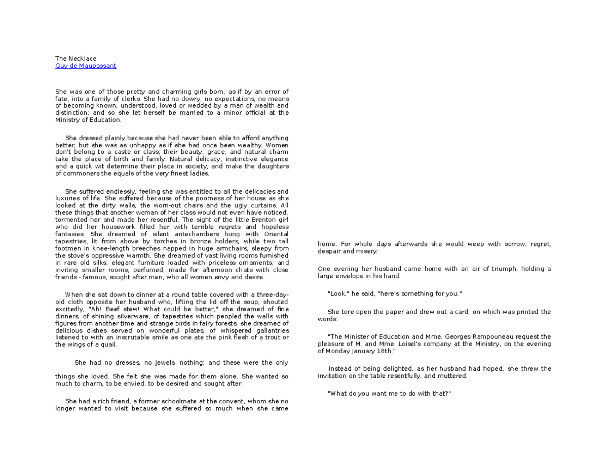 "The Necklace by Guy de Maupassant: A Tale of Lost Riches and Regret ...