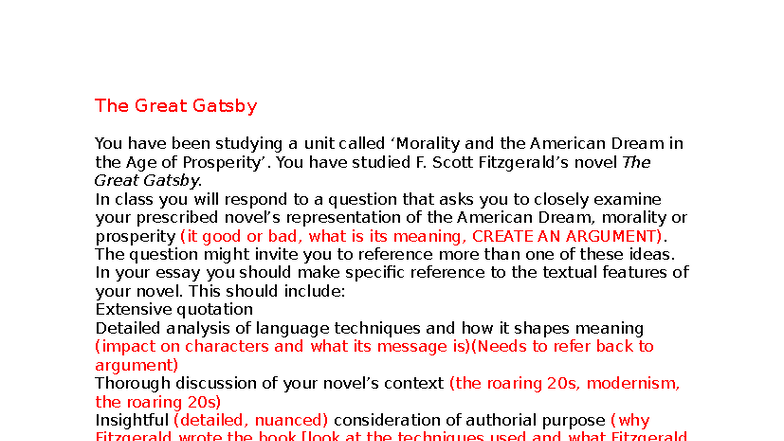 The Great Gatsby (ENG 101) - Exploring the American Dream and Morality ...