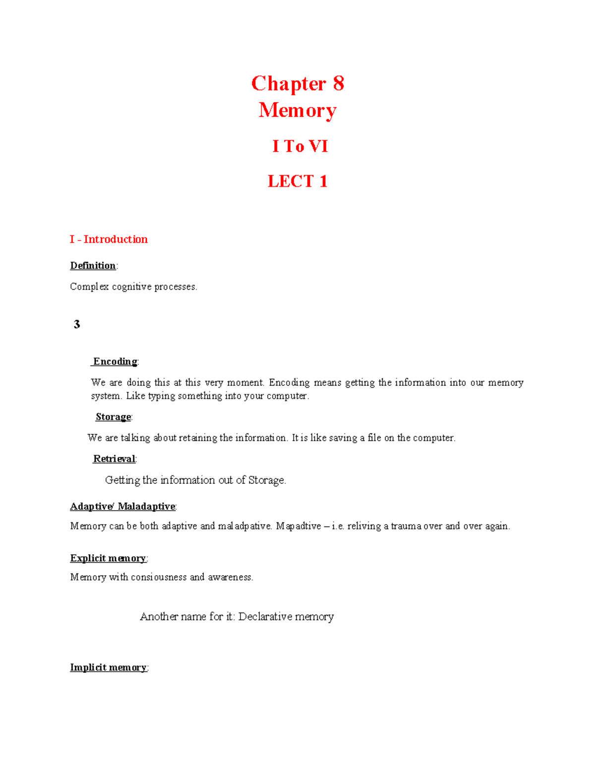 Chapter 8 Memory I: Key Concepts & Processes - LECT 1 Notes - Studocu