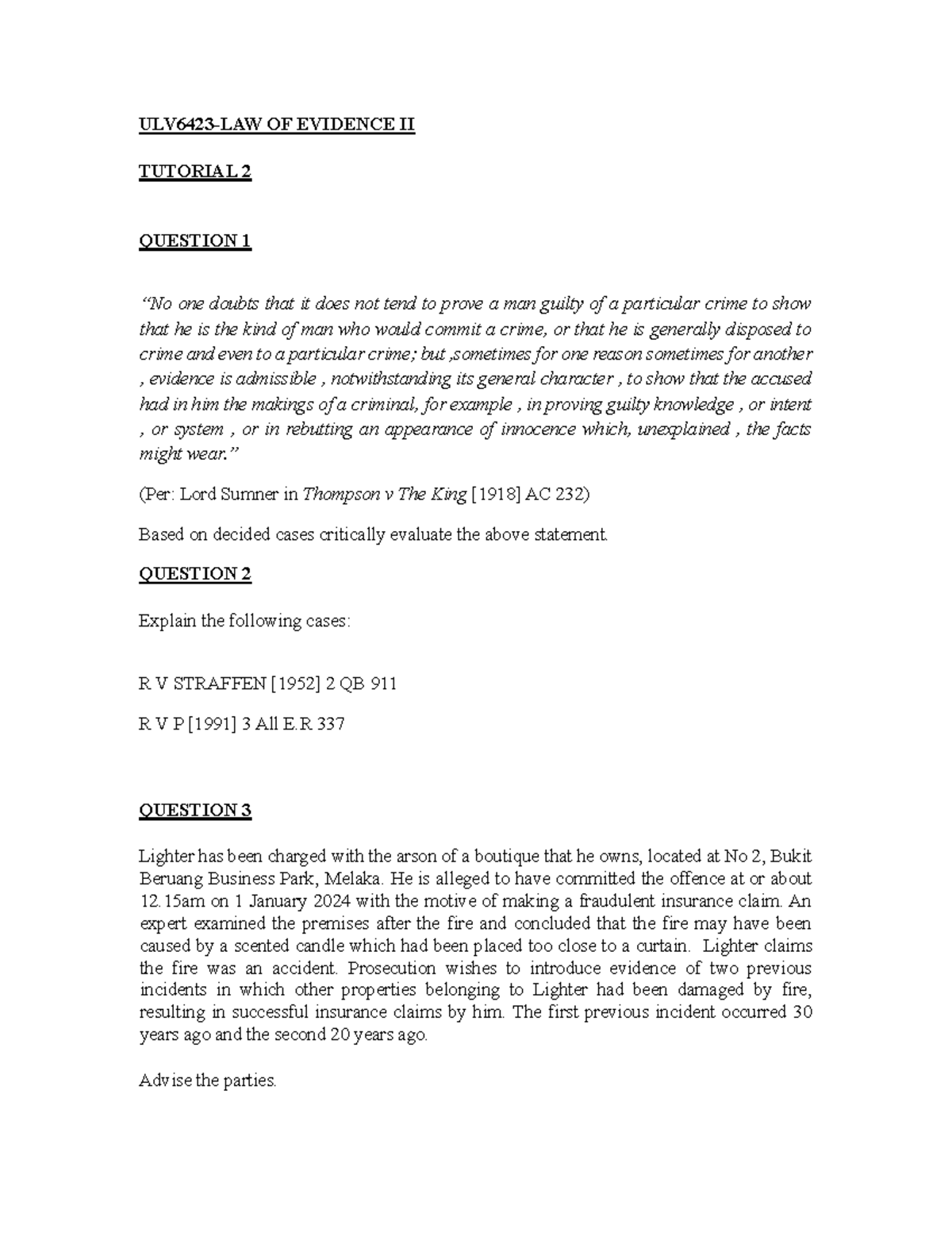 OF EVIDENCE II TUTORIAL 2 QUESTIONS: Case Evaluations & Legal Analysis ...