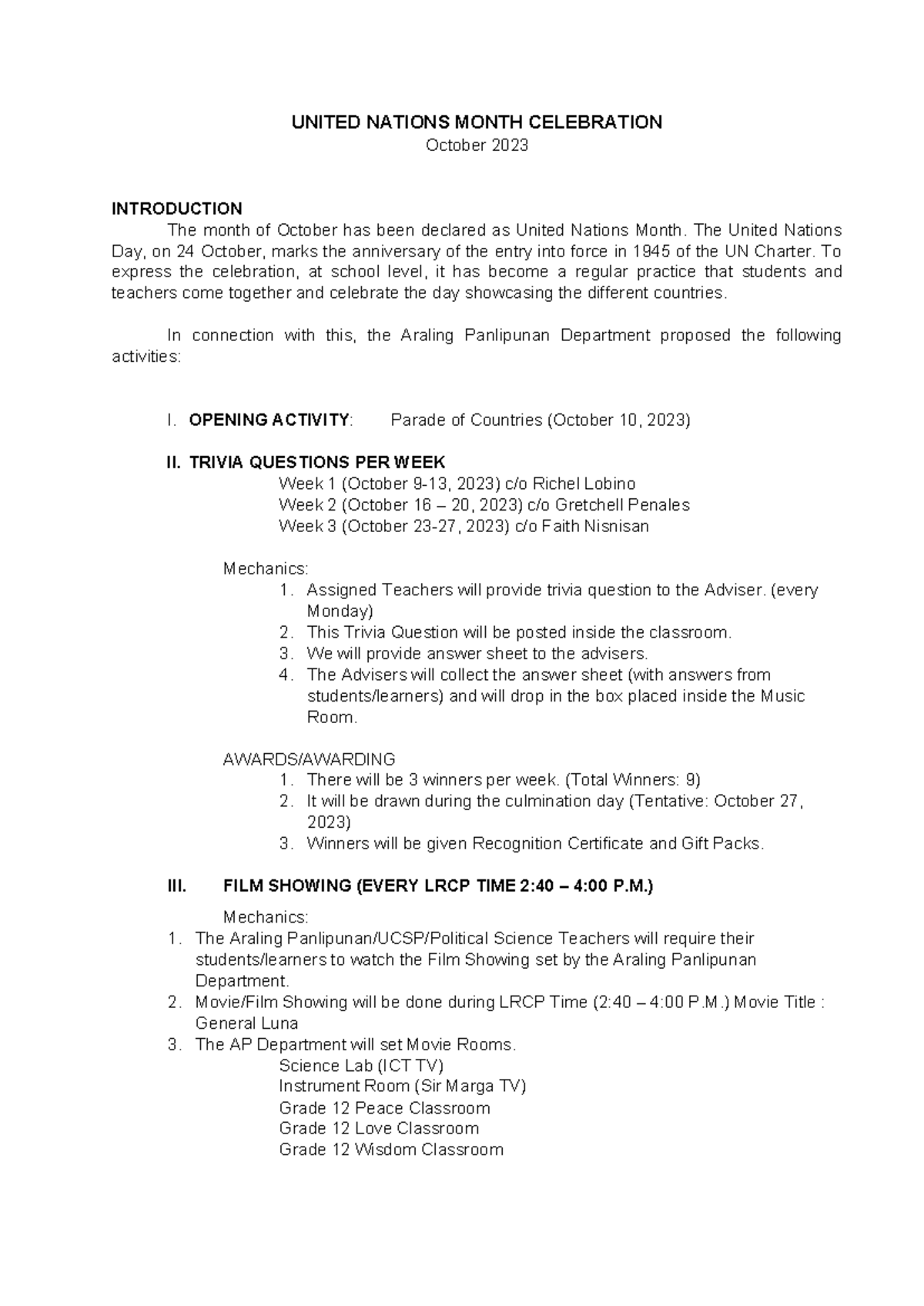 UN Month Celebration Activities Proposal - October 2023 - Studocu