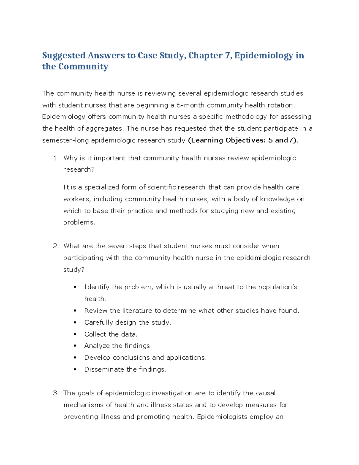 Ch 7 CSA - Suggested Answers for Epidemiology Case Study - Studocu