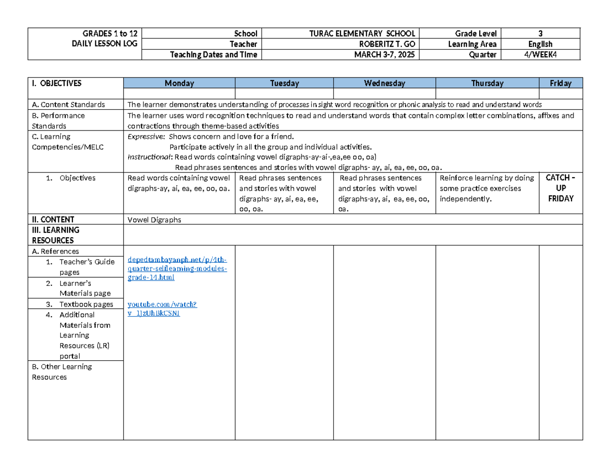 DLL English 3 Q4 Wk 4 - GRADES 1 to 12 DAILY LESSON LOG School TURAC ...