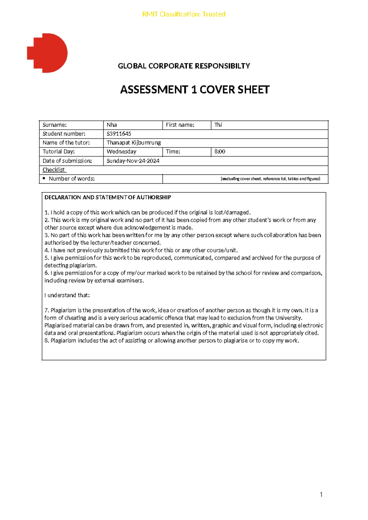BUSM4692 - Corporate Social Responsibility Assessment 1 Cover Sheet ...