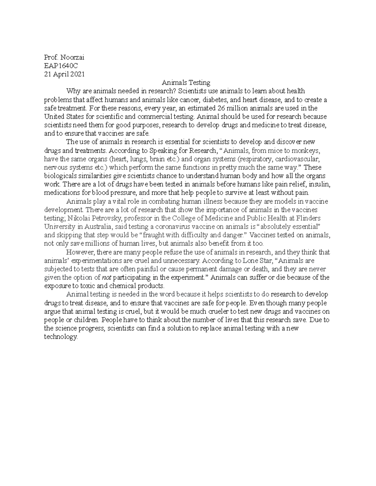 EAP1640C - Essay on the Importance of Animal Testing in Research - Studocu