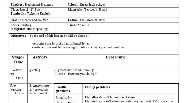 Lesson Plan: Writing an Informal Letter (1 Bac) - Studocu