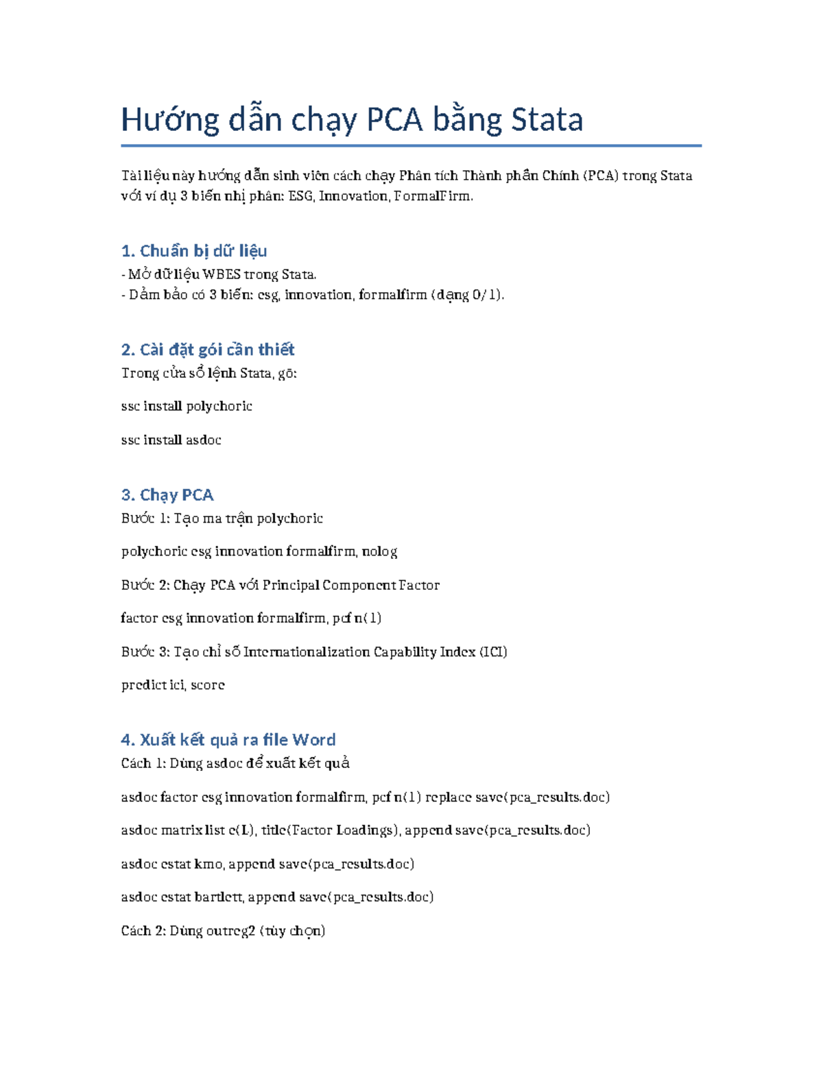 Hướng dẫn PCA trong Stata: Phân tích Thành phần Chính (PCA) - Studocu