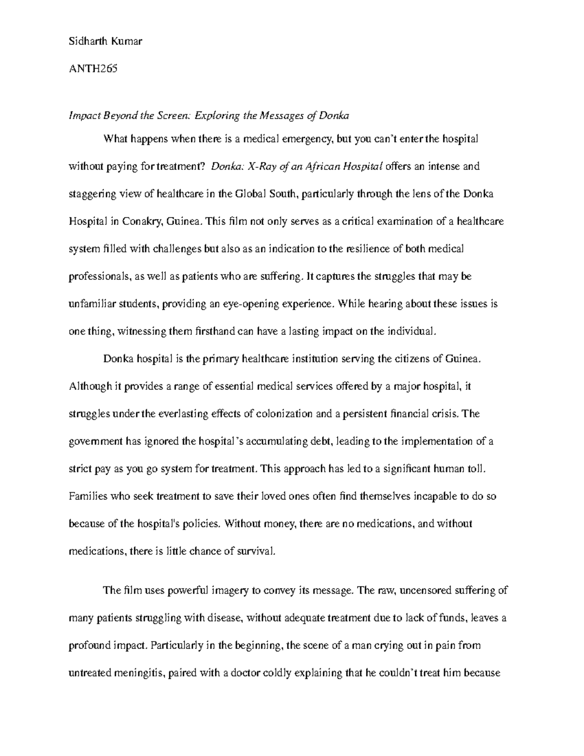 ANTH 302: Analyzing Donka - X-Ray of an African Hospital Film - Studocu